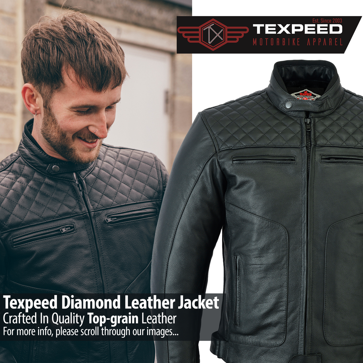 Texpeed Diamond-Stitched Motorbike Jacket with CE Armour