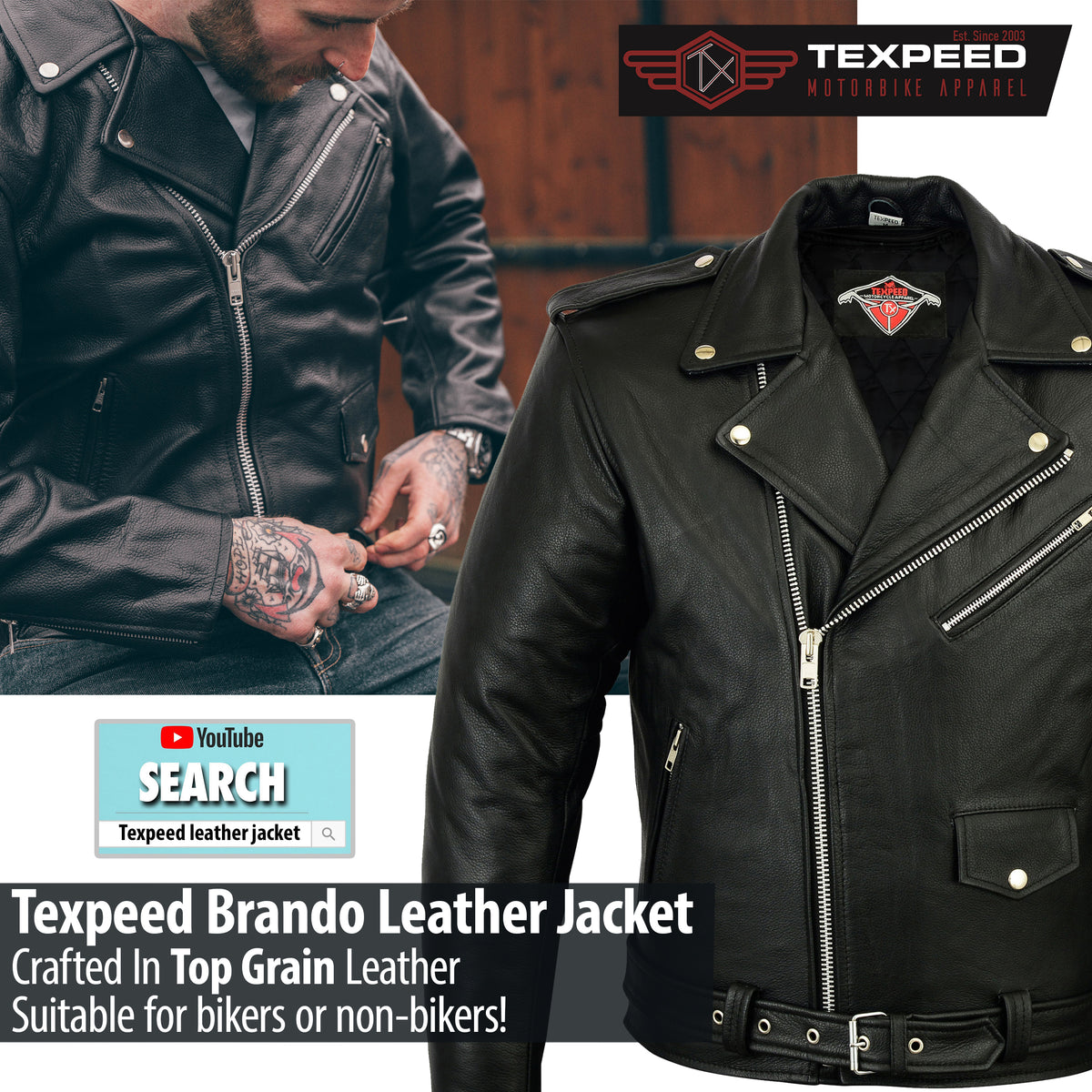 Leather Brando Motorbike Jacket with CE Armour | Texpeed