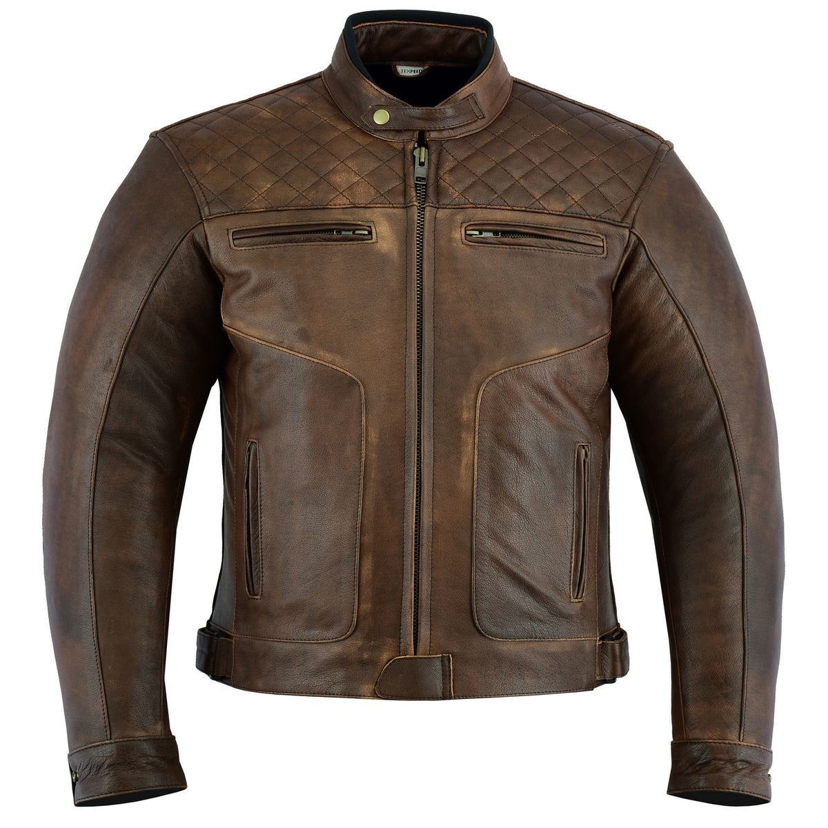 Brown Diamond-Stitched Leather Motorbike Jacket | Texpeed