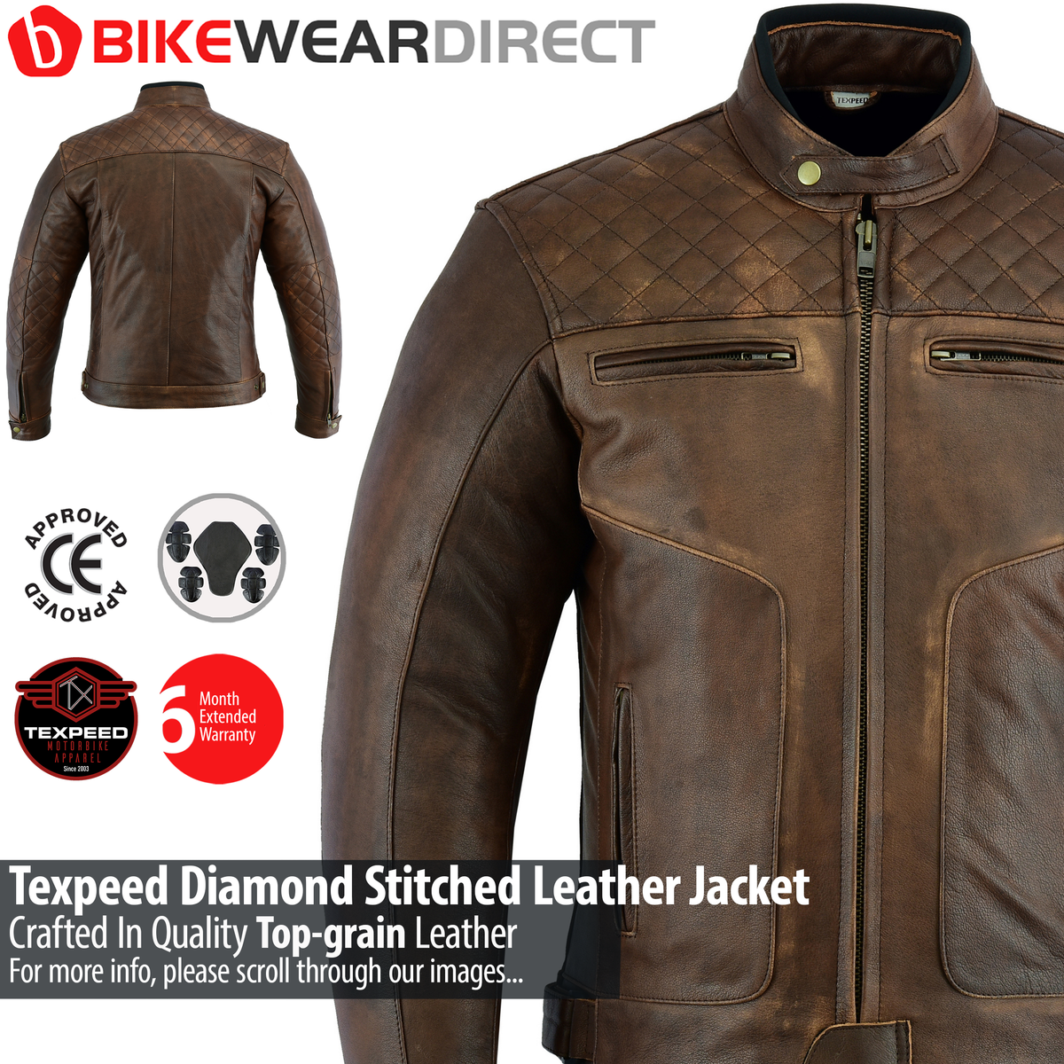 Brown Diamond-Stitched Leather Motorbike Jacket with CE Armour | Texpeed