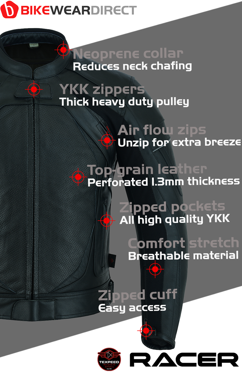 Racing Black Leather Motorcycle Jacket with CE Armour | Texpeed